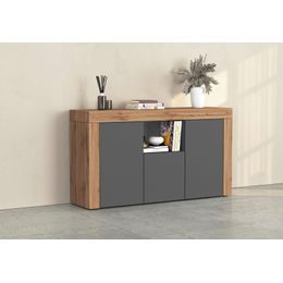 Sideboard OTTO HOME "CHRONOS Breite 155 cm mit 3 T&uuml;ren, 1 offenes und 6 geschlossene F&auml;cher", grau (anthrazit matt, eiche wotan), B:155cm H:85cm T:40cm, FSC-zertifizierter Holzwerkstoff, Sideboards, Sideboard, Sideboard,Kommode, Schrank, Grifflos mit Push to Open, Made in Italy