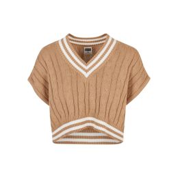 Rundhalspullover Urban Classics "Urban Classics Damen Ladies Cropped Knit College Slipover", Damen, Gr. L, unionbeige, 100% Baumwolle, gestreift, oversize, V-Ausschnitt, Pullover Rundhalspullover