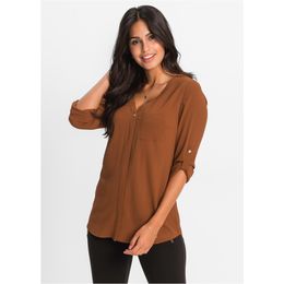 Longbluse bonprix "Longbluse", Damen, Gr. 42, braun (cognac), Obermaterial: 97% Polyester, 3% Elasthan, unifarben, V-Ausschnitt, mit Riegel, Blusen Longbluse, bequeme Passform, verdeckte Knopfleiste, unifarben, mit Brusttasche