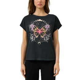Rundhalsshirt QS, Damen, Gr. S (36), schwarz, Jersey, Obermaterial: 100% Baumwolle, bedruckt, normal h&uuml;ftbedeckend, Rundhals, Shirts Rundhalsshirt, mit gro&szlig;em Print