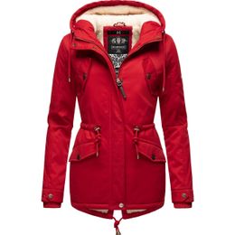 Winterjacke Marikoo "Manolya", Damen, Gr. L (40), rot, Oberstoff: 100% Baumwolle; Futter: 100% Polyester; Wattierung: 100% Polyester; &Auml;rmelfutter: 100% Polyester, figurbetont Po-bedeckend, hoch geschlossener Ausschnitt, &Auml;rmel ohne &Auml;rmelschlitz Rippstrickb&uuml;ndchen mit Druckknopf, Jacken Winterjacke, stylischer Kurzmantel mit weichem Teddyfell-Futter, Topseller
