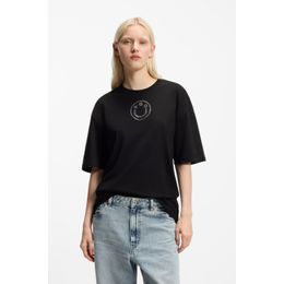 T-Shirt HUGO BLUE "Oversized Tee", Damen, Gr. L (40), schwarz 001, Single Jersey, Obermaterial: 100% Baumwolle, unifarben, oversize normal, Rundhals, Shirts T-Shirt, mit Strassbesatz