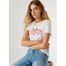 T-Shirt Pepe Jeans "MAHINA", Damen, Gr. XS, wei&szlig;, Single Jersey, Obermaterial: 100% Baumwolle, bedruckt, regular fit h&uuml;ftlang, Rundhals, Shirts T-Shirt, mit floralem Print