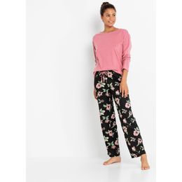Pyjama bonprix, Damen, Gr. 40/42 (M), lila (beerensorbet, schwarz gebl&uuml;mt), Obermaterial: 100% Baumwolle, bedruckt, Rundhals, Homewear-Sets Pyjama, bequeme Passform, aus Baumwolle, zweiteiliges Set, casual Stil