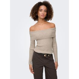 Strickpullover Only "ONLKATIA LIFE LS OFF SHOULDER KNT NOOS", Damen, Gr. L (40), braun (mocha meringue detail:melange), Strick, Obermaterial: 50% Viskose, 27% Nylon, 23% Polyester, meliert, regular fit normal, Carmenausschnitt, Pullover Strickpullover