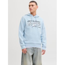 Jack & Jones Kapuzensweatshirt JACK & JONES "JJELOGO SWEAT HOOD 2 COL 25/26 NOOS", Herren, Gr. M, celestial blau, angeraute Sweatware, Obermaterial: 70% Baumwolle, 30% Polyester, bedruckt, regular fit normal, Rundhals, Rippb&uuml;ndchen, Sweatshirts, mit stylischem Print
