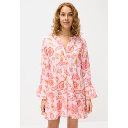 Longbluse Lascana, Damen, Gr. 52/54, bunt (orange, pink bedruckt), Web, Obermaterial: 58% Viskose, 28% Baumwolle, 14% Leinen, bedruckt, figurumspielend knieumspielend, Rundhals, Volant, Blusen Longbluse, mit modischen Volants