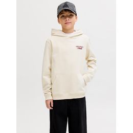 Jack & Jones Kapuzensweatshirt JACK & JONES JUNIOR "JORNORREBRO TYPO BACK SWEAT HOOD SN JNR", Jungen, Gr. 152, antique wei&szlig;, angeraute Sweatware, Obermaterial: 89% Baumwolle, 11% Polyester, bedruckt, relaxed fit normal, Rundhals, Rippb&uuml;ndchen, Sweatshirts, Baumwollmischung, relaxed fit, Langarm