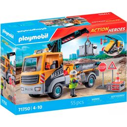 Konstruktions-Spielset Playmobil "Baustellen-LKW mit Kran (71750), Playmobil Action Heroes", bunt, Spielbausteine, Kinder, Kunststoff, Konstruktions-Spielset
