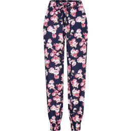 Stoffhose CLOUD 5IVE "CLOUD 5IVE Viskose Hose mit B&uuml;ndchen 2-Pockets & Blumen Print", Damen, Gr. L, US-Gr&ouml;&szlig;en, navy, 100% Viskose, gebl&uuml;mt, relaxed fit, Hosen Stoffhose