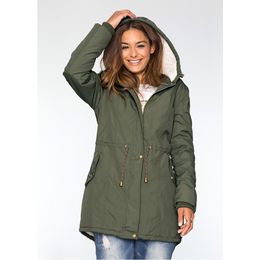 Parka bonprix, Damen, Gr. 44, gr&uuml;n (oliv), Obermaterial: 100% Polyester. Futter: 100% Polyester. &Auml;rmelfutter: 100% Polyester, unifarben, loose fit, Rippstrickb&uuml;ndchen, Jacken Parka, modischer Stil, mit Teddy-Fleece, mit Kapuze, lockere Passform