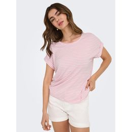 Kurzarmshirt Only "ONLMOSTER STRIPE S/S O-NECK TOP JRS NOOS", Damen, Gr. S (36), rosa (pink lady stripes:cloud dancer), Jersey, Obermaterial: 75% Viskose, 20% Polyester, 5% Elasthan, gestreift, regular fit normal, Rundhals, Aufschlag, Shirts, gestreift, l&auml;ssig geschnitten, Jersey, Rundhals, Viskosemischung
