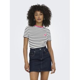 Kurzarmshirt Only "ONLHEART LIFE S/S TEE JRS NOOS", Damen, Gr. S, cloud dancer stripes flamingo, Jersey, Obermaterial: 95% Viskose, 5% Elasthan, gestreift, regular fit normal, Rundhals, Shirts, Topseller