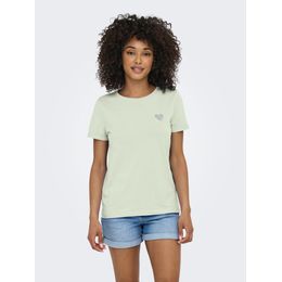 Kurzarmshirt Only "ONLKITA LIFE S/S TOP NOOS", Damen, Gr. XS, gr&uuml;n print:silber glitter heart, Jersey, Obermaterial: 100% Baumwolle, bedruckt, regular fit normal, Rundhals, Shirts, regular fit, casual, Single Jersey, Baumwolle, Rundhals