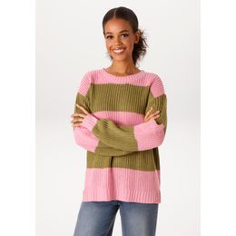 Strickpullover Aniston CASUAL, Damen, Gr. 42, hellpink, moosgr&uuml;n, Grobstrick, Obermaterial: 100% Polyacryl, colorblocking, geringelt, gestreift, oversize h&uuml;ftlang, Rundhals, Strickb&uuml;ndchen, Pullover Strickpullover, im Colorblocking mit breiten Streifen - NEUE KOLLEKTION