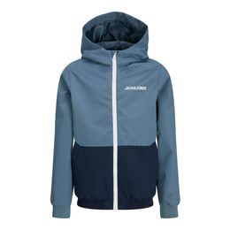 Jack & Jones Outdoorjacke JACK & JONES JUNIOR "JJERUSH wasserabweisend, mit Kapuze, mattes Finish", Jungen, Gr. 152, blau mirage detail:navy blazer, wei&szlig; blocking, Web, Obermaterial: 100% Polyester, colorblocking, normal normal, B&uuml;ndchen, Jacken Outdoorjacke, Polyester, regular fit