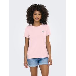 Kurzarmshirt Only "ONLKITA LIFE S/S TOP NOOS", Damen, Gr. S, rosy touch print:silber glitter heart, Jersey, Obermaterial: 100% Baumwolle, bedruckt, regular fit normal, Rundhals, Shirts, regular fit, casual, Single Jersey, Baumwolle, Rundhals