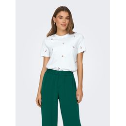 Kurzarmshirt Only "ONLKETTY LIFE S/S O-NECK TOP JRS NOOS", Damen, Gr. S, wei&szlig; (hellwei&szlig; aop:cherries), Jersey, Obermaterial: 100% Baumwolle, bedruckt, regular fit normal, Rundhals, Shirts