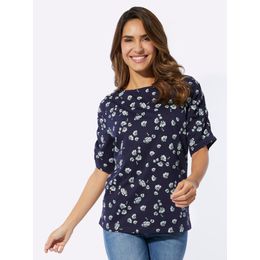 Kurzarmshirt Classic Basics "Kurzarm-Shirt", Damen, Gr. 38, blau (marine, ecru, bedruckt), 100% Baumwolle, gebl&uuml;mt, gemustert, U-Boot-Ausschnitt, Shirts
