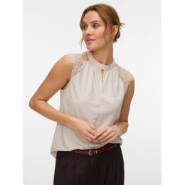 V&eacute;ro Moda Spitzentop VERO MODA "VMMILLA SL LACE TEE", Damen, Gr. XL, pumice stone, Jersey, Obermaterial: 95% Polyester, 5% Elasthan, unifarben, normal, Rundhals, Tops Spitzentop, Materialmix, regular fit