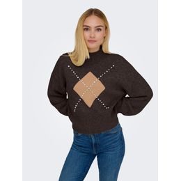 Strickpullover Only "ONLWAKEFIELD LIFE LS BLING HIGHNECK KNT", Damen, Gr. XS, chocolate torte detail:tan, mel, silber bling, Strick, Obermaterial: 63% Polyester, 33% Polyacryl, 4% Elasthan, bedruckt, regular fit normal, hoch geschlossener Ausschnitt, Rippb&uuml;ndchen, Pullover Strickpullover