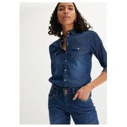 Jeansbluse bonprix, Damen, Gr. 46, blau, Denim/Jeans, Obermaterial: 100% Baumwolle, Abriebeffekte, unifarben, schmal normal, 1-Knopf-Manschette krempelbar, Blusen Jeansbluse, schmale Passform, aus reiner Baumwolle, mit Druckknopfleiste