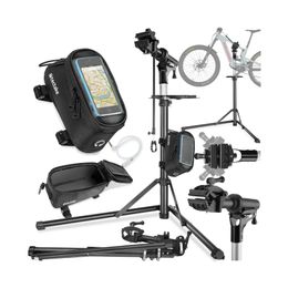 TecTake&reg; Set Fahrradmontagest&auml;nder Jan und Rahmentasche, Montagest&auml;nder mit 50 kg Belastbarkeit, klappbar mit Schnellverschl&uuml;ssen, stufenlos h&ouml;henverstellbar und 360&deg; drehbar, wasserabweisende Rahmentasche mit Klettverschluss sowie Handyfach mit