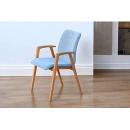 Armlehnstuhl OTTO HOME "Loreen Esszimmerstuhl, Polsterstuhl, Designstuhl", storm 71 hellblau, eiche natur ge&ouml;lt, B:56cm H:86,5cm T:64cm, Holzwerkstoff, Massivholz, Polyester, St&uuml;hle, Armlehnstuhl, mit Massivgestell, hochwertig gearbeitet, Armlehnen, stilvoll, bequem