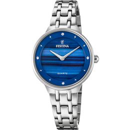 Festina Damen Quarzuhr "Mademoiselle"silberfarben, blau, Armbanduhren, Armbanduhr, Damenuhr, Edelstahlarmband, analog, Zirkonia (synth.)