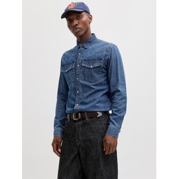 Jack & Jones Jeanshemd JACK & JONES "JJEWESTERN JJSHIRT AT 187 NOOS", Herren, Gr. S, N-Gr, blau denim pack:mid blau, Denim/Jeans, Obermaterial: 100% Baumwolle, unifarben, slim fit normal, Hemden Jeanshemd, mit Brusttaschen