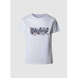 Pepe Jeans Damen T-Shirt "ROSALIND", wei&szlig;, Gr. M, bedruckt, Single Jersey, Obermaterial: 100% Baumwolle, Shirts, mit floralem Print vorn