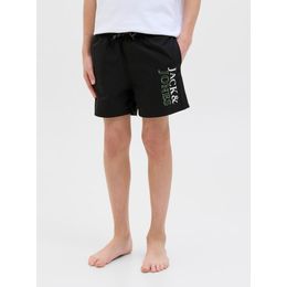 Jack & Jones Kinder Badeshorts "JPSTMAUI mit Logoprint und praktischen Taschen", schwarz, Gr. 128, JACK & JONES JUNIOR, bedruckt, Web, Recycling-Polyester,