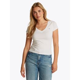 Tommy Jeans Damen Kurzarmshirt "TJW SLIM V-NECK TEE", beige, Gr. L, unifarben, Single Jersey, Obermaterial: 100% Baumwolle, Shirts, mit Logo-Stickerei