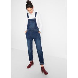 bonprix Damen Jeanslatzhose, blau, Gr. 56, Obermaterial: 76% Baumwolle, 16% Polyester, 7% Viskose, 1% Elasthan, Jeans, lockerer loose fit, mit