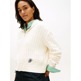 Tommy Hilfiger Damen Kapuzenstrickjacke "CO CABLE MID GG LS ZIP HOODY", wei&szlig;, Gr. XL, unifarben, Strick, Obermaterial: 100% Baumwolle, Strickjacken,