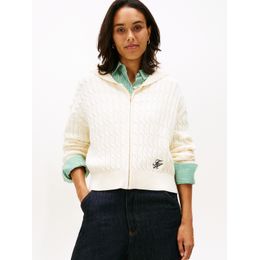 Kapuzenstrickjacke Tommy Hilfiger "CO CABLE MID GG LS ZIP HOODY", Damen, Gr. S (36), wei&szlig; (calico), Strick, Obermaterial: 100% Baumwolle, unifarben, regular fit normal, Rundhals, Rippb&uuml;ndchen, Strickjacken, mit Zopfstrickmuster