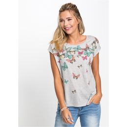 bonprix Damen T-Shirt, grau, Gr. 48, Obermaterial: 65% Polyester, 35% Viskose, Shirts, Slim fit Passform, Kurzarm mit kleinen Fl&uuml;gel&auml;rmeln