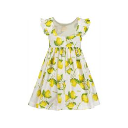 Blue Seven M&auml;dchen Sommerkleid, gelb, Gr. 116, bedruckt, Web, Obermaterial: 100% Baumwolle, Kleider, mit s&uuml;&szlig;en Fl&uuml;gel&auml;rmeln und sommerlichem