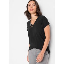 bonprix Damen T-Shirt, schwarz, Gr. 48, unifarben, Jersey, Obermaterial: 64% Polyester, 32% Viskose, 4% Elasthan, Shirts, bequeme Passform, Kurzarm,