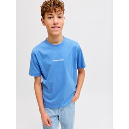 Jack & Jones Kinder T-Shirt "JORNORREBRO EMB TEE SS CN NOOS JNR", blau, Gr. 140, JACK & JONES JUNIOR, bedruckt, Single Jersey, Obermaterial: 100% Baumwolle,