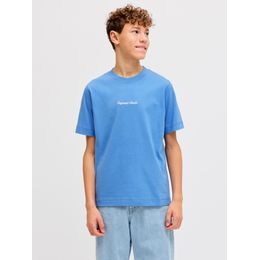 Jack & Jones Kinder T-Shirt "JORNORREBRO EMB TEE SS CN NOOS JNR", blau, Gr. 128, JACK & JONES JUNIOR, bedruckt, Single Jersey, Obermaterial: 100% Baumwolle,