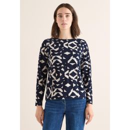 Cecil Damen Langarmshirt, blau, Gr. XL, gemustert, Web, 100% Baumwolle, Shirts, mit U-Boot-Ausschnitt