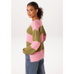 Aniston CASUAL Damen Strickpulloverhellpink, moosgr&uuml;n, Gr. 44, geringelt, gestreift, Grobstrick, Obermaterial: 100% Polyacryl, Pullover, im