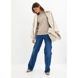 bonprix Damen Strickpullover, beige, Gr. 52, kontrastfarbene Details, unifarben, Strick, Obermaterial: 52% Polyester, 41% Polyacryl, 4% Wolle, 3%