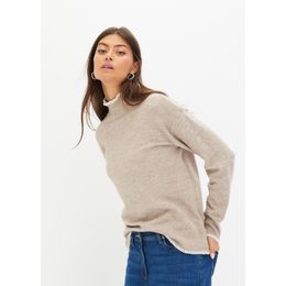 bonprix Damen Strickpullover, beige, Gr. 32, kontrastfarbene Details, unifarben, Strick, Obermaterial: 52% Polyester, 41% Polyacryl, 4% Wolle, 3%