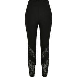 Urban Classics Damen Leggings "Urban Classics Damen Ladies Highwaist Lace Inset Leggings"schwarz, Gr. XS, unifarben, 94% Baumwolle, 6% Elasthan, Hosen