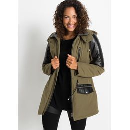 bonprix Damen Parka "Parka mit Lederimitat-Eins&auml;tzen", gr&uuml;n, Gr. 40, unifarben mit Farbeins&auml;tzen, Obermaterial: 58% Polyester, 42% Baumwolle.