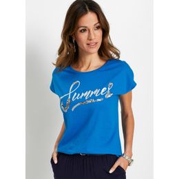 bonprix Damen T-Shirt "Shirt mit Pailletten", blau, Gr. 36, Obermaterial: 100% Baumwolle, Shirts, lockere Passform, Kurzarm, aus Baumwolle