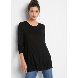 bonprix Damen Langarmshirt, schwarz, Gr. 56, Obermaterial: 100% Viskose, Shirts, A-Linie Passform, hoher V-Ausschnitt, aus Viskose, Casual Stil