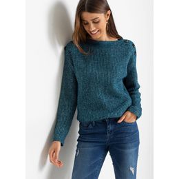 bonprix Damen Strickpullover "Pullover mit Kn&ouml;pfen", blau, Gr. 40, meliert, unifarben, Strick, Obermaterial: 100% Polyester, Pullover, in